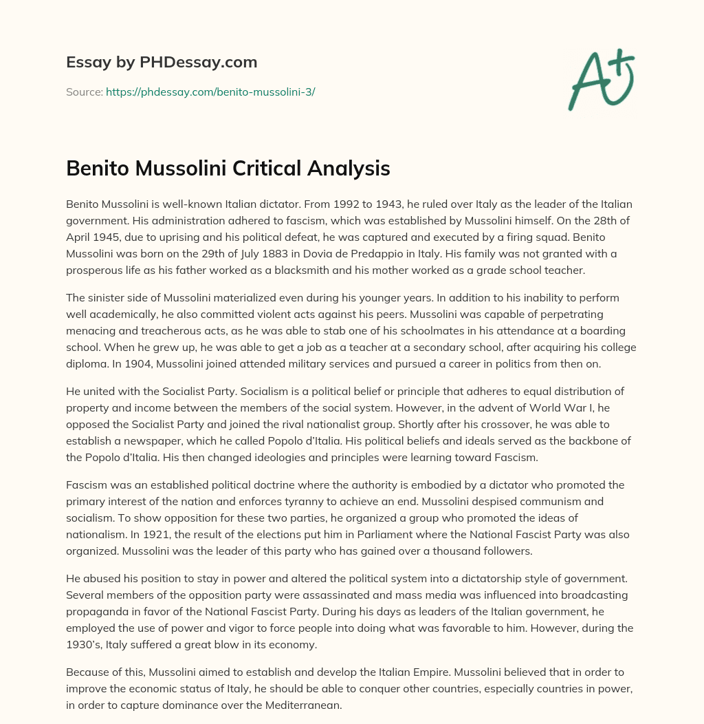 Benito Mussolini Critical Analysis - PHDessay.com