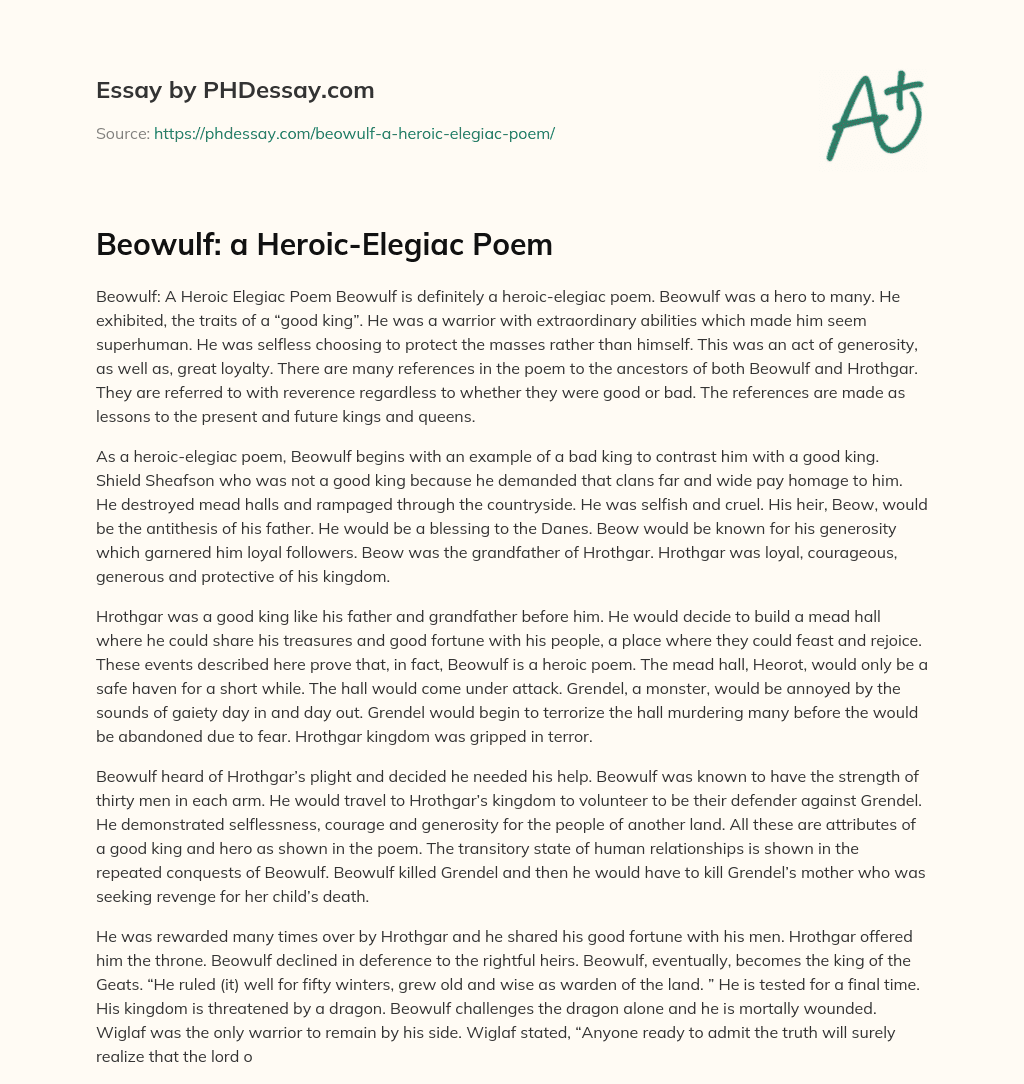 Beowulf: a Heroic-Elegiac Poem - PHDessay.com