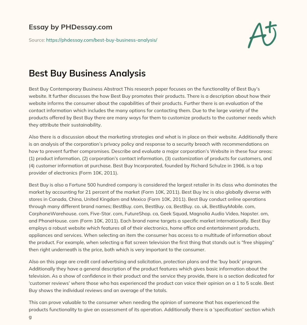 Best Buy Business Analysis Essay Paper Example - PHDessay.com