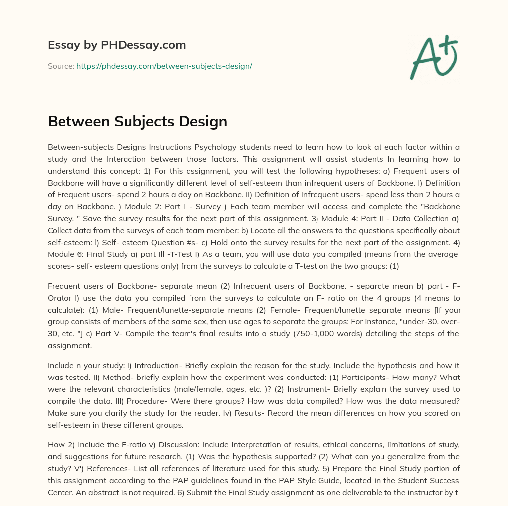 Between Subjects Design (500 Words) - PHDessay.com