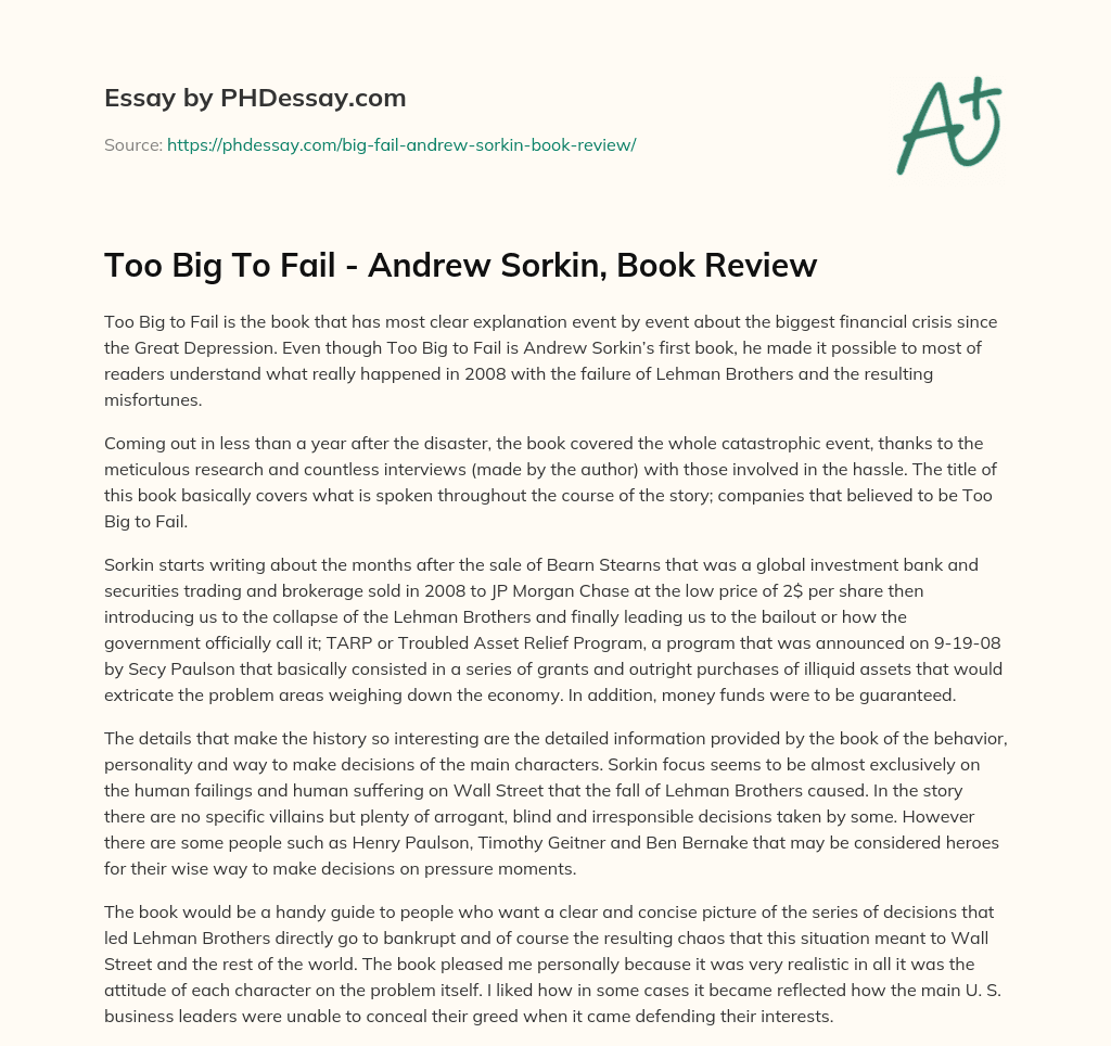 Too Big To Fail - Andrew Sorkin, Book Review - PHDessay.com