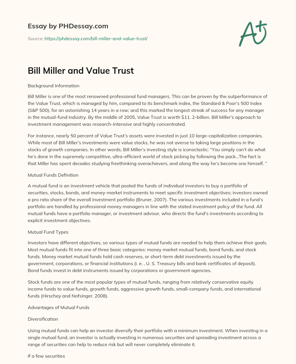 Bill Miller and Value Trust - PHDessay.com