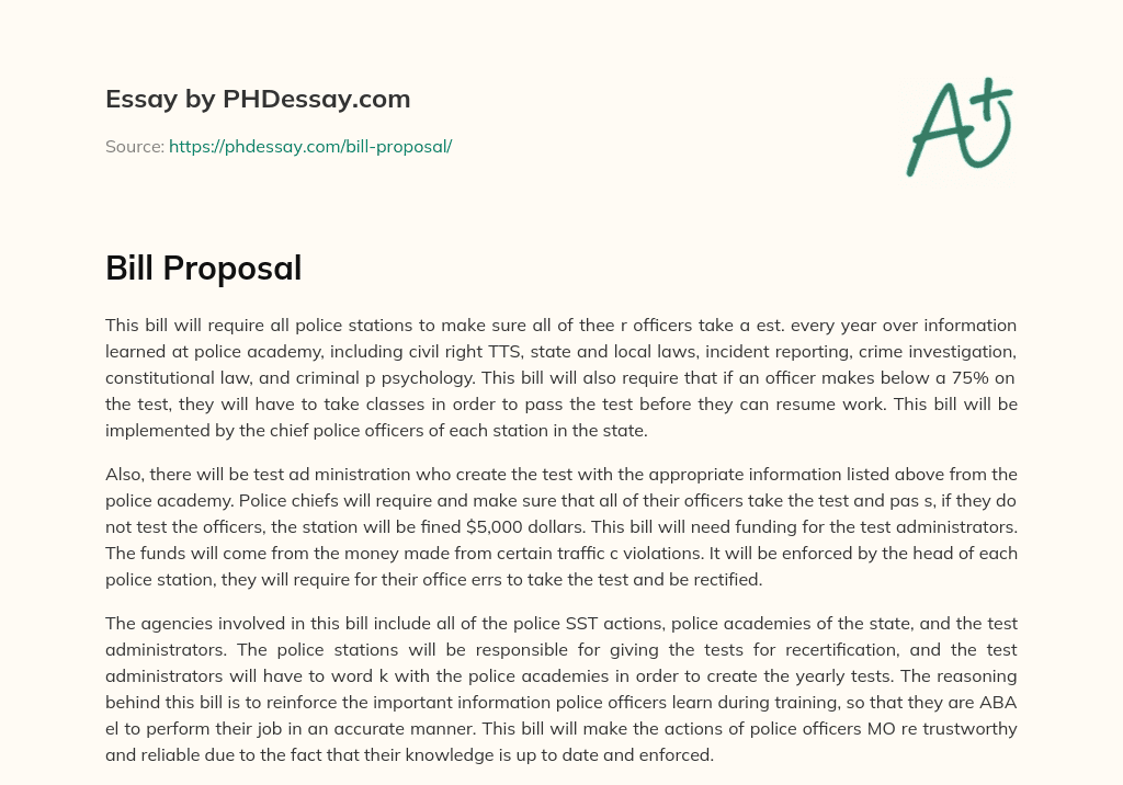Bill Proposal (300 Words) - PHDessay.com