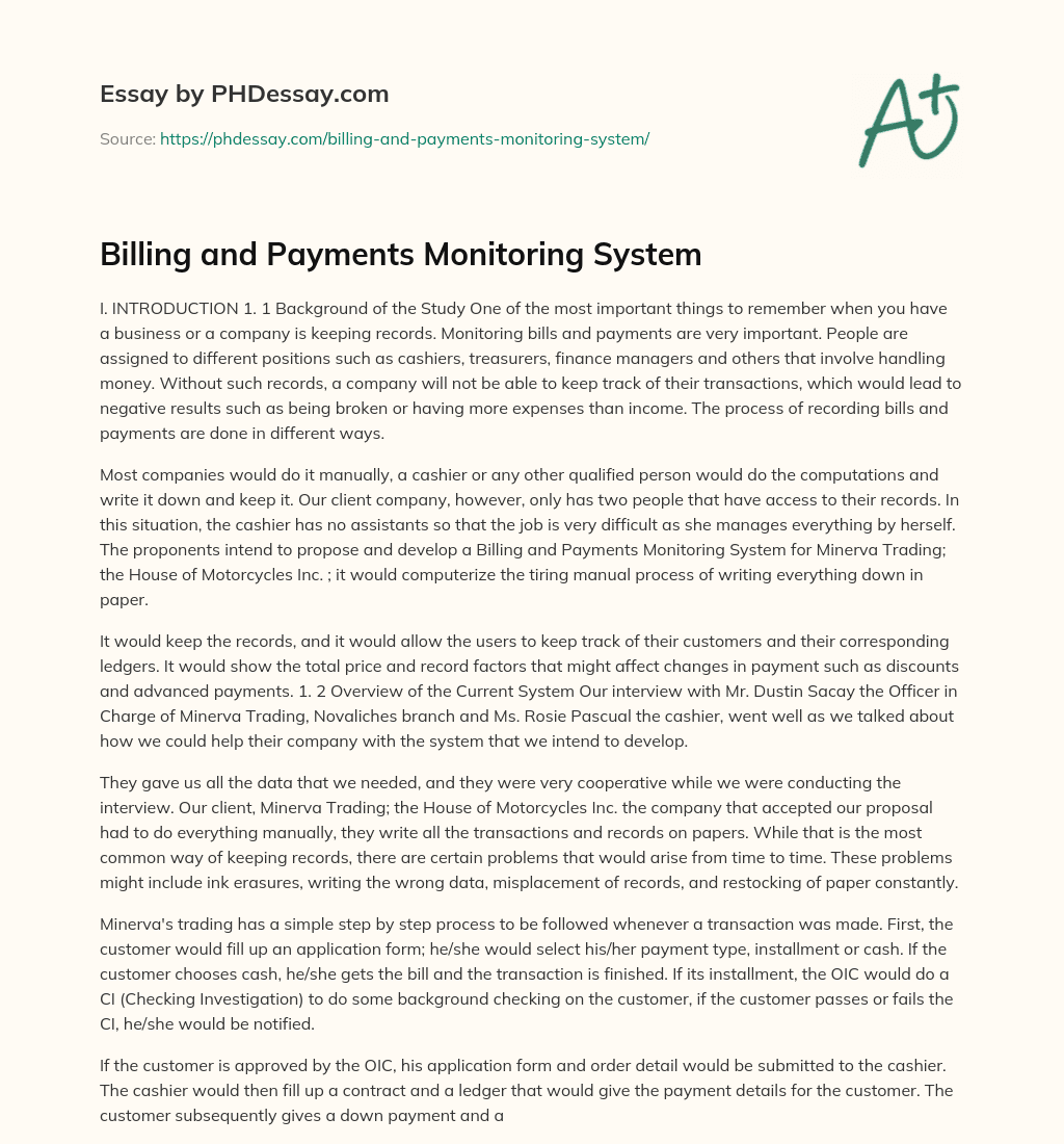Billing and Payments Monitoring System - PHDessay.com