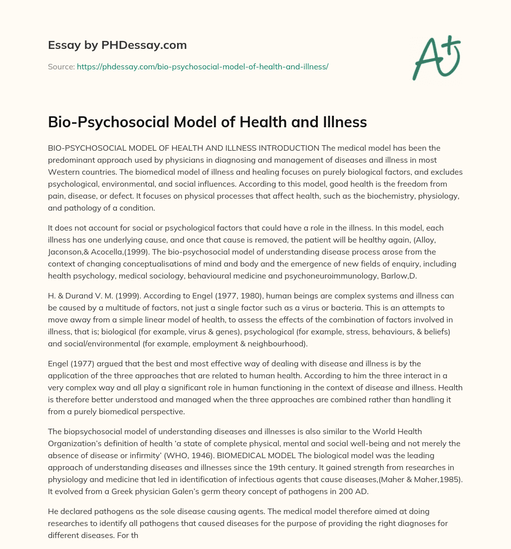Bio-Psychosocial Model of Health and Illness - PHDessay.com