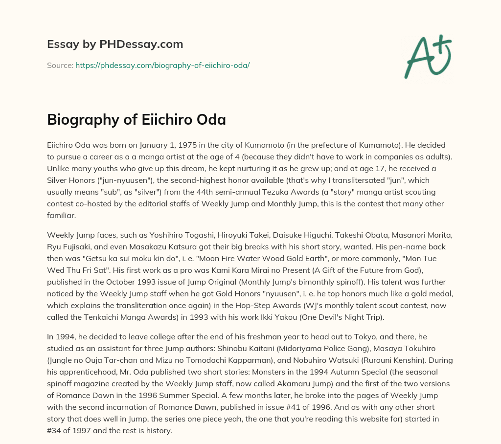 Biography of Eiichiro Oda (400 Words) - PHDessay.com
