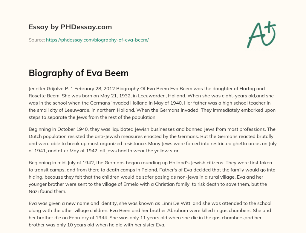 Biography of Eva Beem (300 Words) - PHDessay.com
