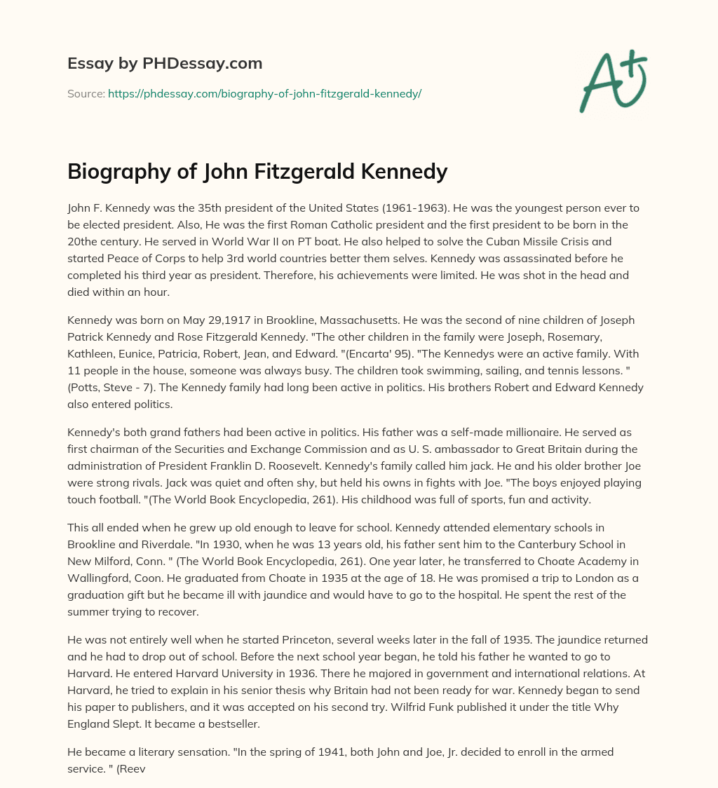 Biography of John Fitzgerald Kennedy - PHDessay.com