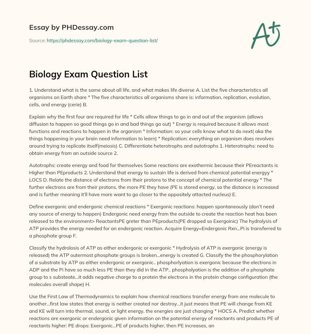 Biology Exam Question List - PHDessay.com