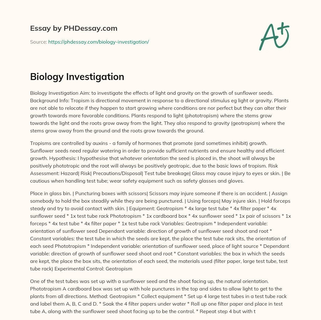 Biology Investigation - PHDessay.com
