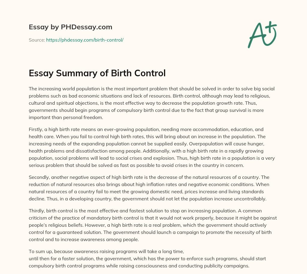 Essay Summary of Birth Control (400 Words) - PHDessay.com