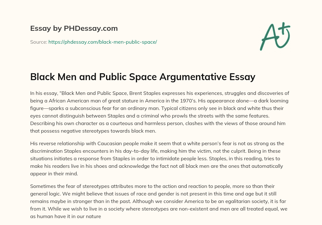 Black Men And Public Space Argumentative Essay Response Example (300 ...