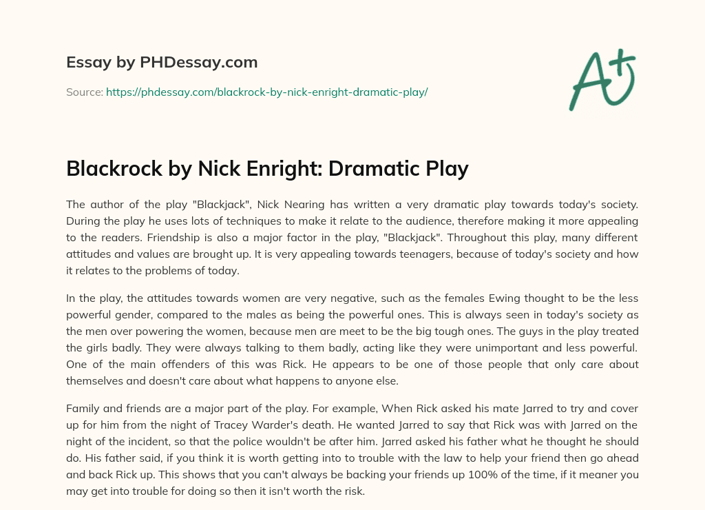 Blackrock by Nick Enright: Dramatic Play (300 Words) - PHDessay.com