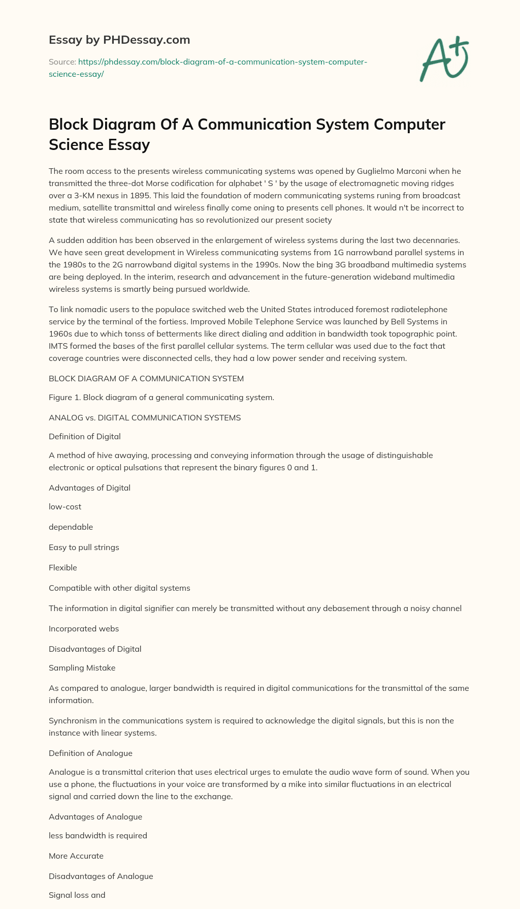 Block Diagram Of A Communication System Computer Science Essay ...