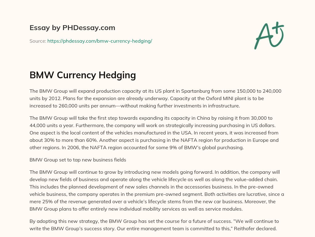 BMW Currency Hedging (300 Words) - PHDessay.com