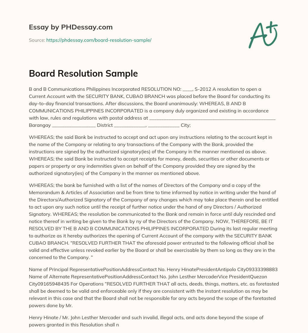 Board Resolution Sample (600 Words) - PHDessay.com