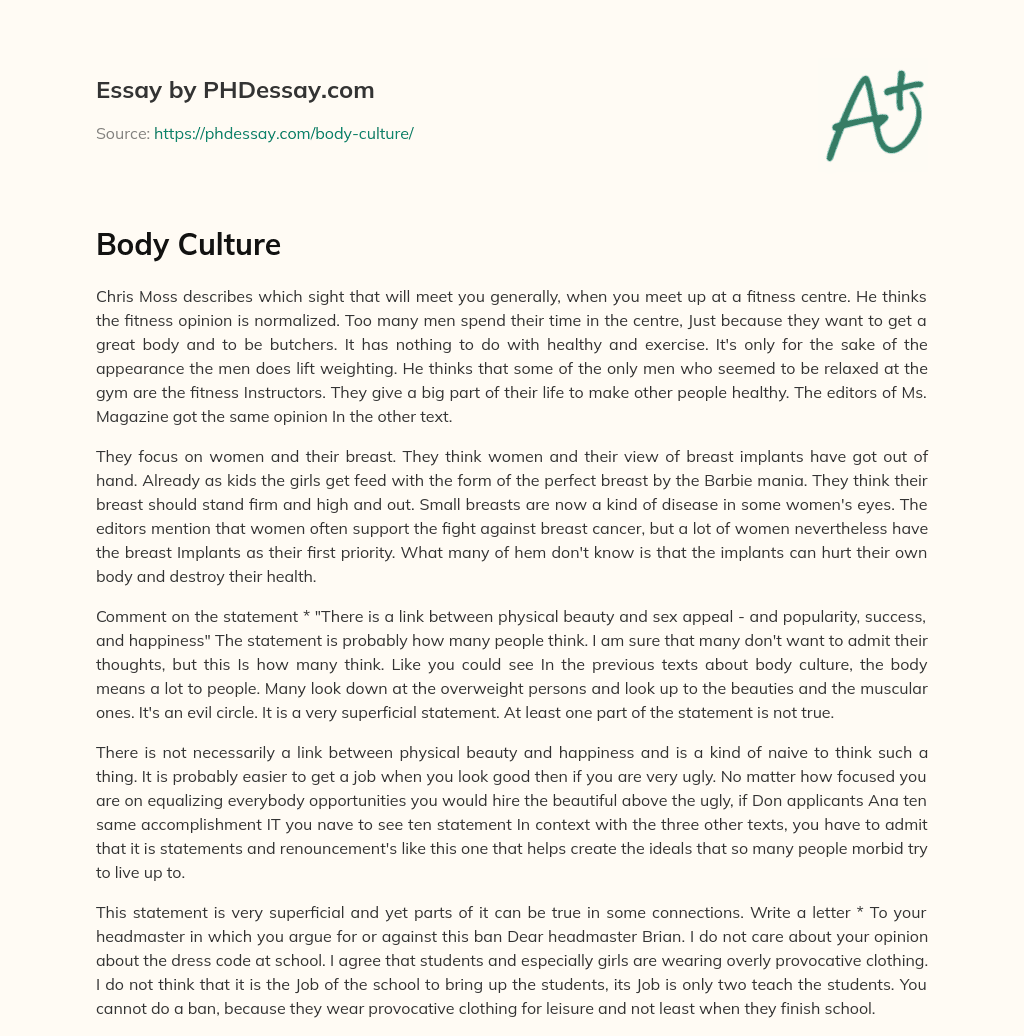 Body Culture (600 Words) - PHDessay.com