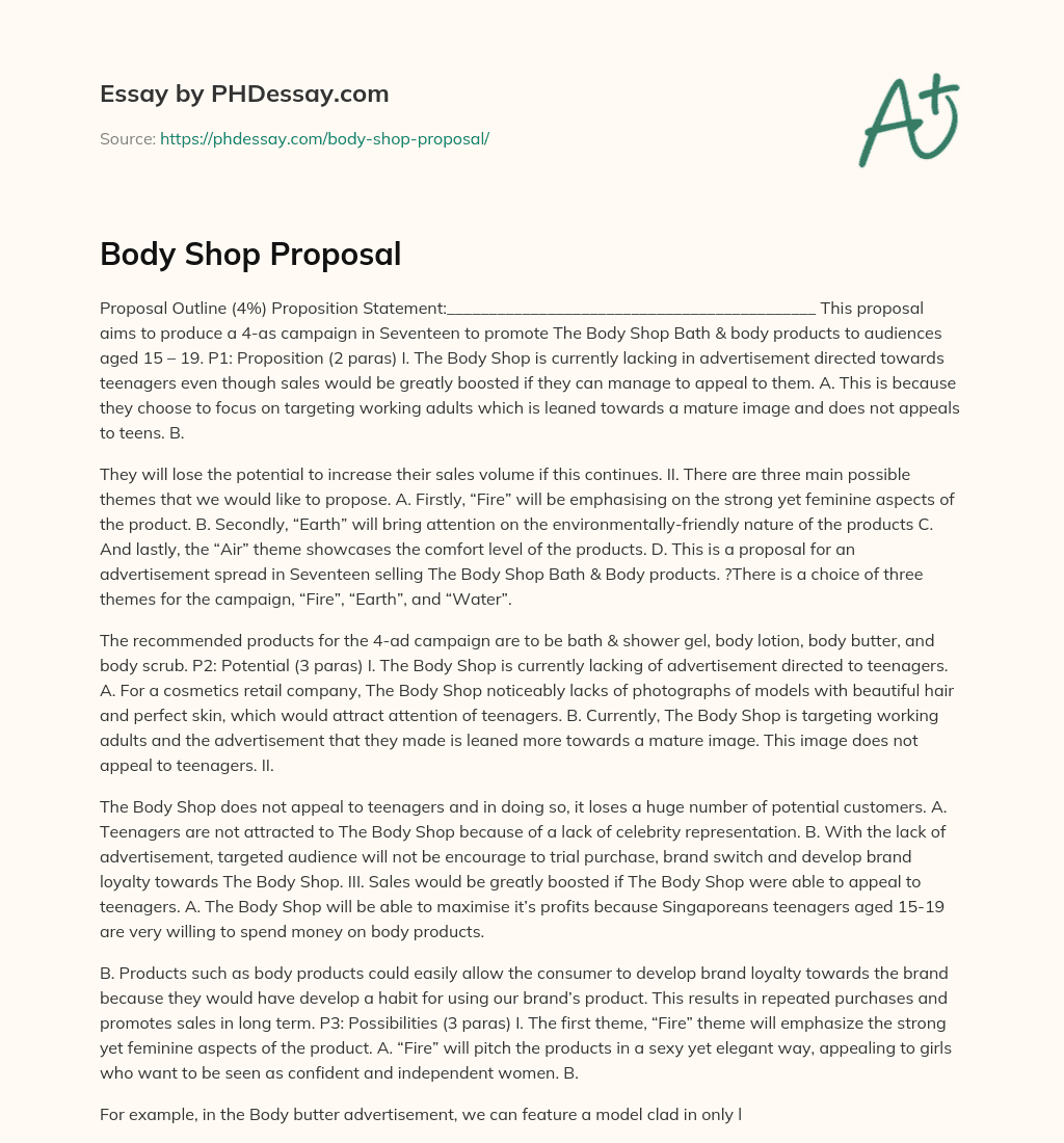 Body Shop Proposal - PHDessay.com