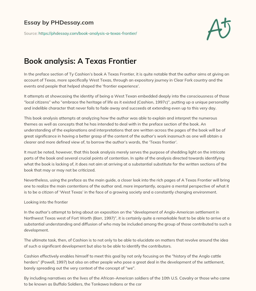 Book analysis: A Texas Frontier - PHDessay.com