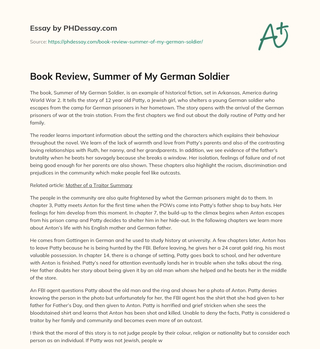 Book Review, Summer Of My German Soldier Summary Example - PHDessay.com