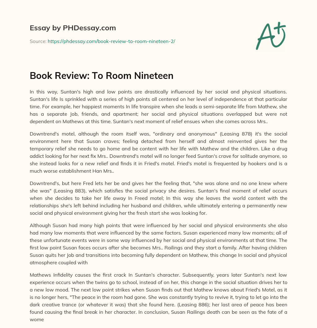 Book Review: To Room Nineteen (500 Words) - PHDessay.com