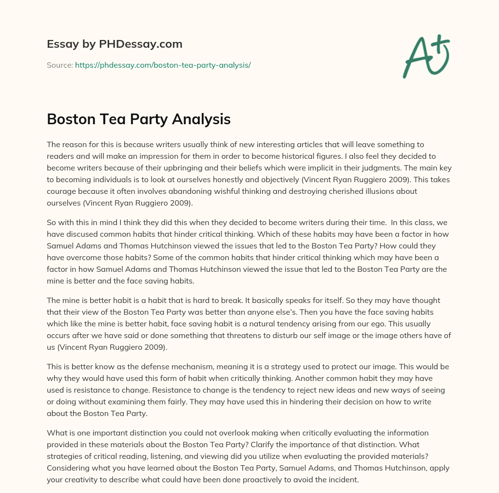 Boston Tea Party Analysis (400 Words) - PHDessay.com