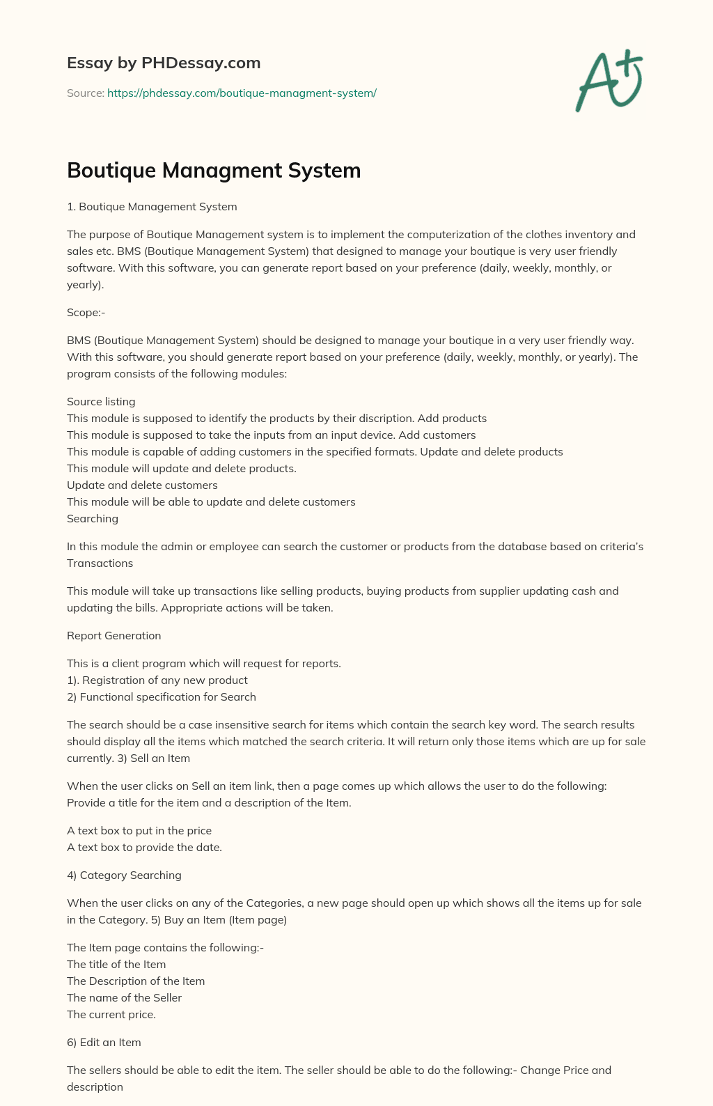 Boutique Managment System (400 Words) - PHDessay.com