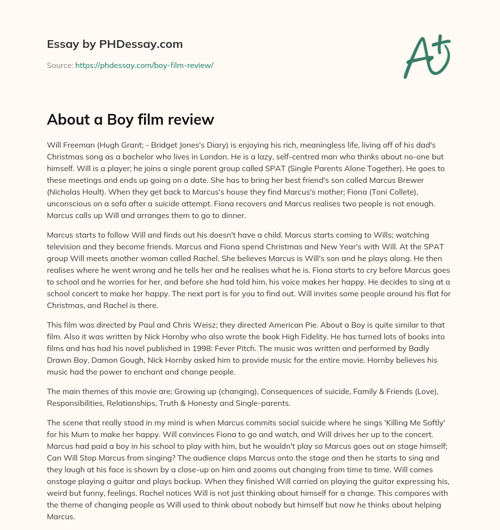 About A Boy Film Review Essay Example (600 Words) - PHDessay.com
