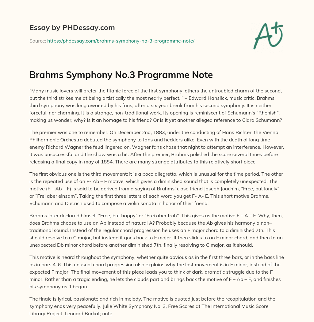 Brahms Symphony No.3 Programme Note Analysis Example (600 Words ...