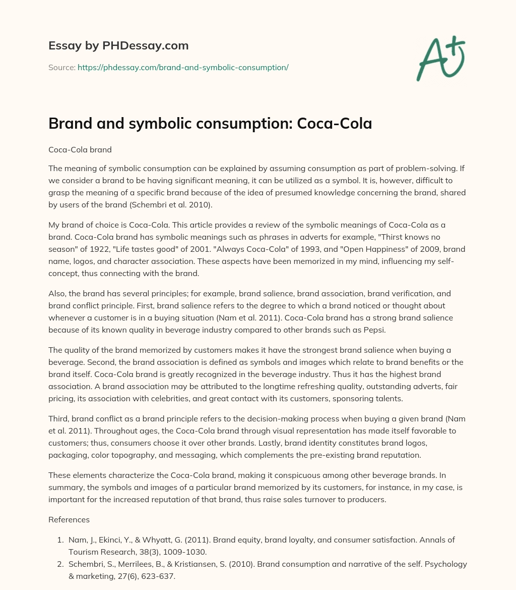 Brand and symbolic consumption: Coca-Cola (400 Words) - PHDessay.com