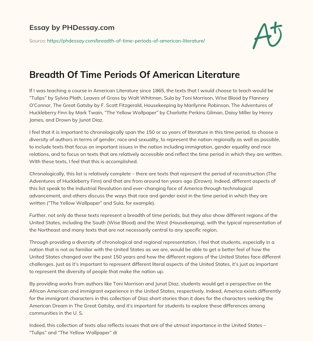 Breadth Of Time Periods Of American Literature - PHDessay.com