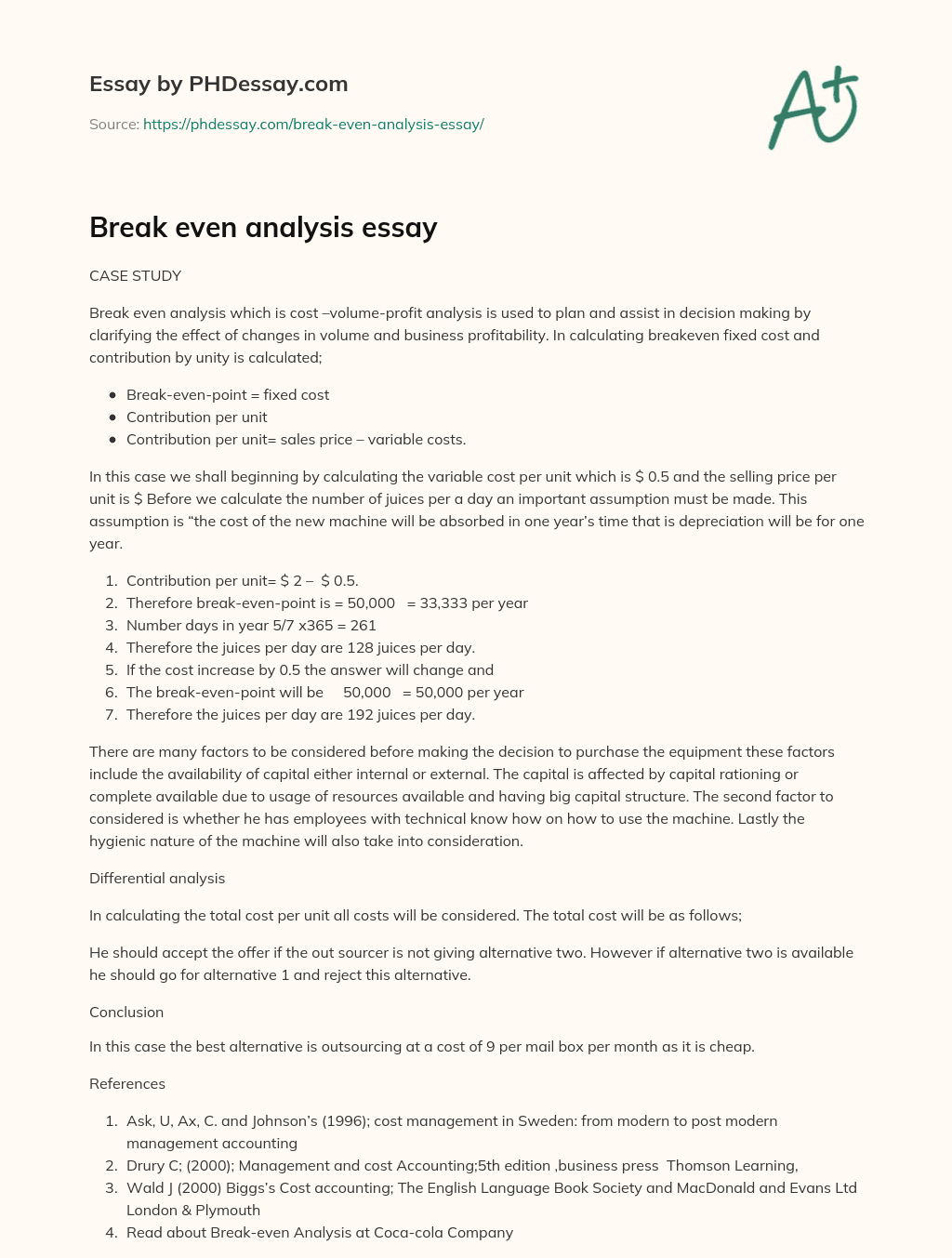 Break even analysis essay (400 Words) - PHDessay.com