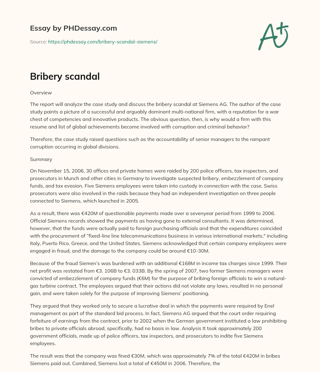 Bribery scandal - PHDessay.com