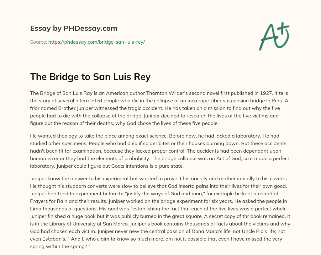 The Bridge to San Luis Rey (400 Words) - PHDessay.com
