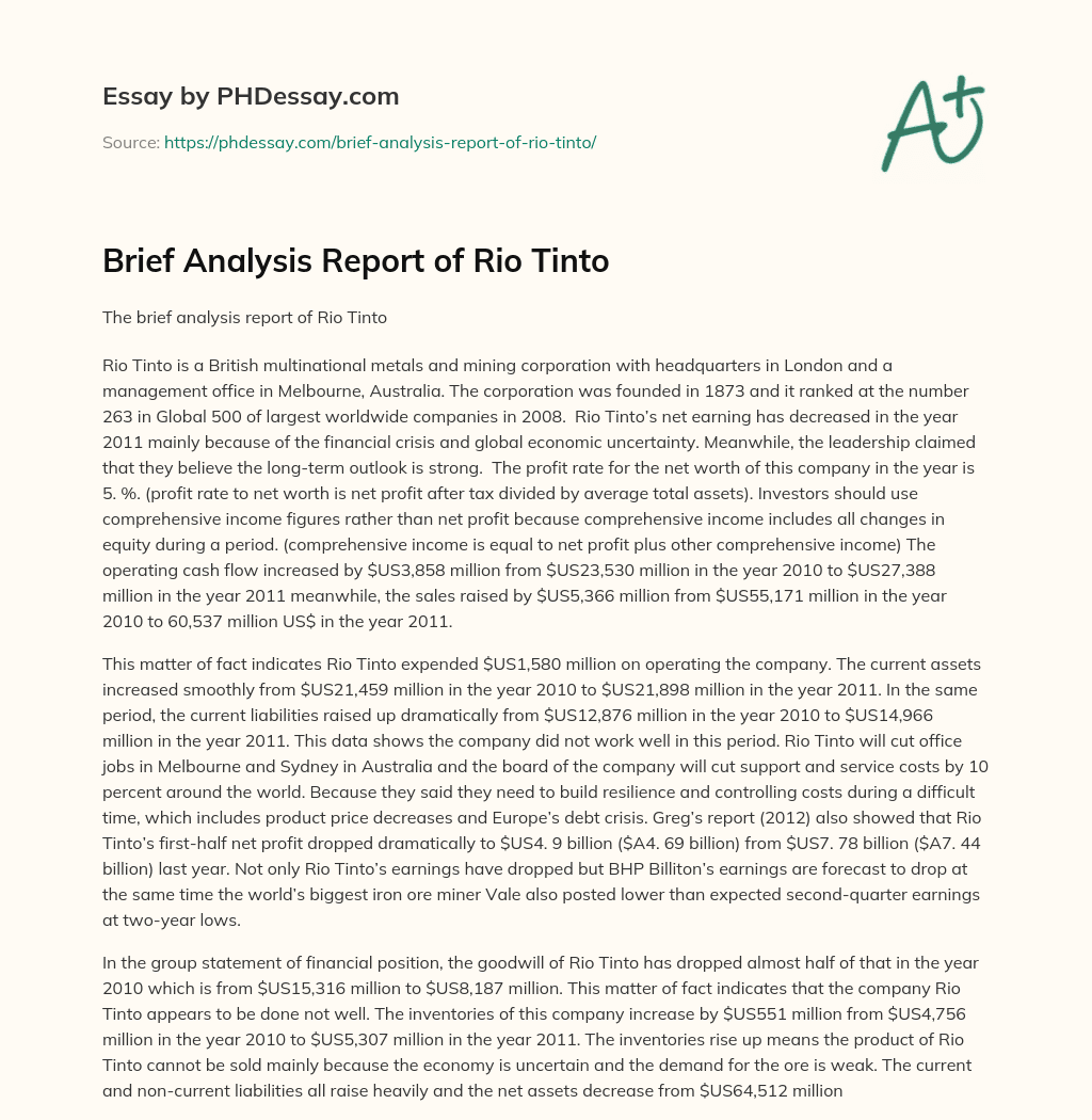 Brief Analysis Report of Rio Tinto - PHDessay.com