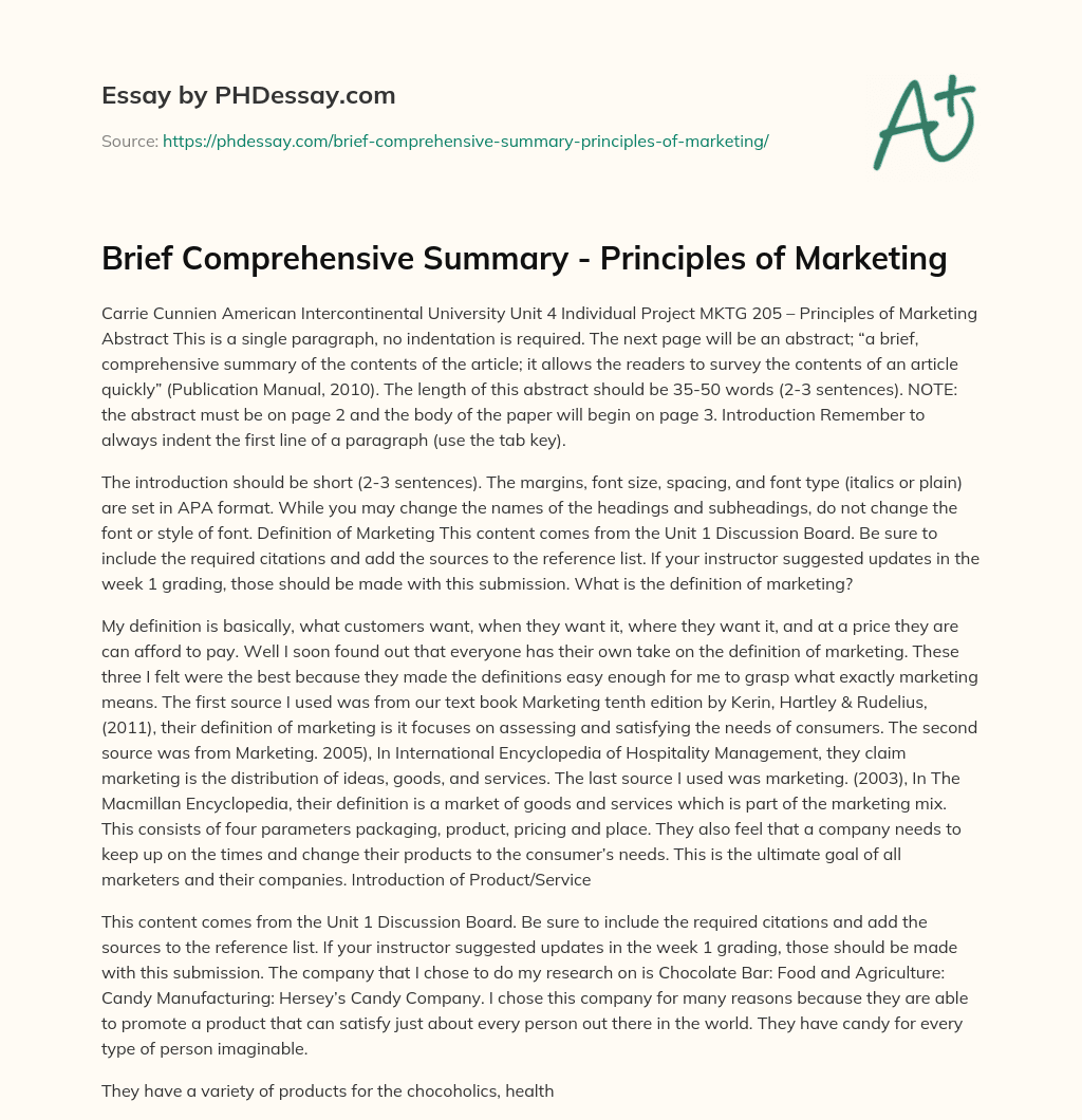 Brief Comprehensive Summary - Principles of Marketing - PHDessay.com