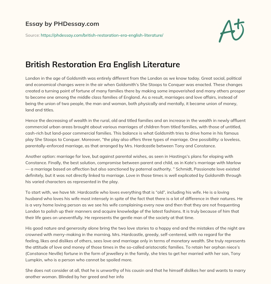 British Restoration Era English Literature - PHDessay.com