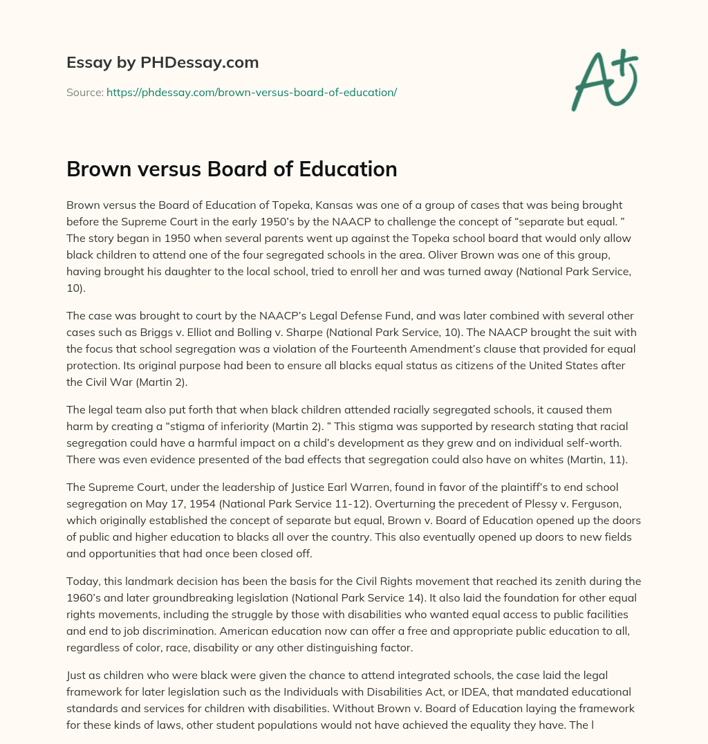 Brown versus Board of Education (600 Words) - PHDessay.com
