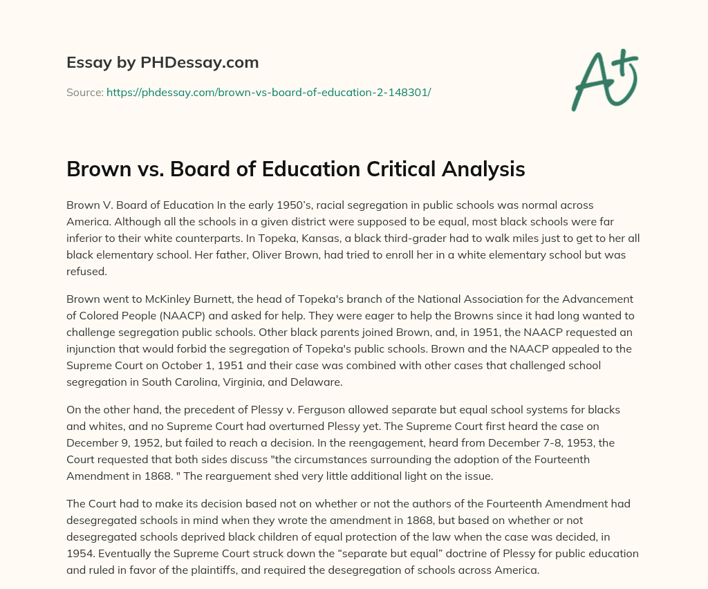 Brown vs. Board of Education Critical Analysis (300 Words) - PHDessay.com