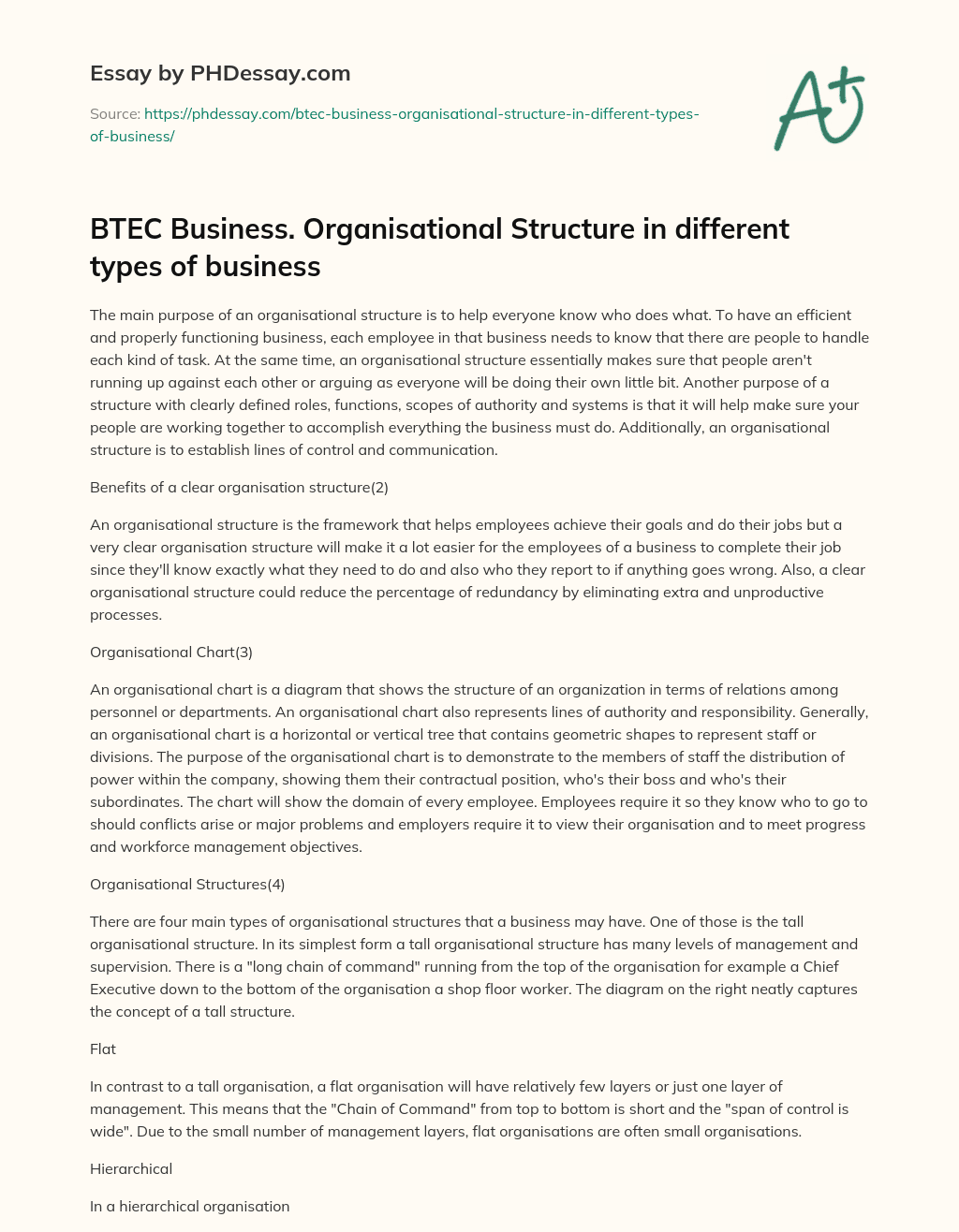 BTEC Business. Organisational Structure in different types of business ...