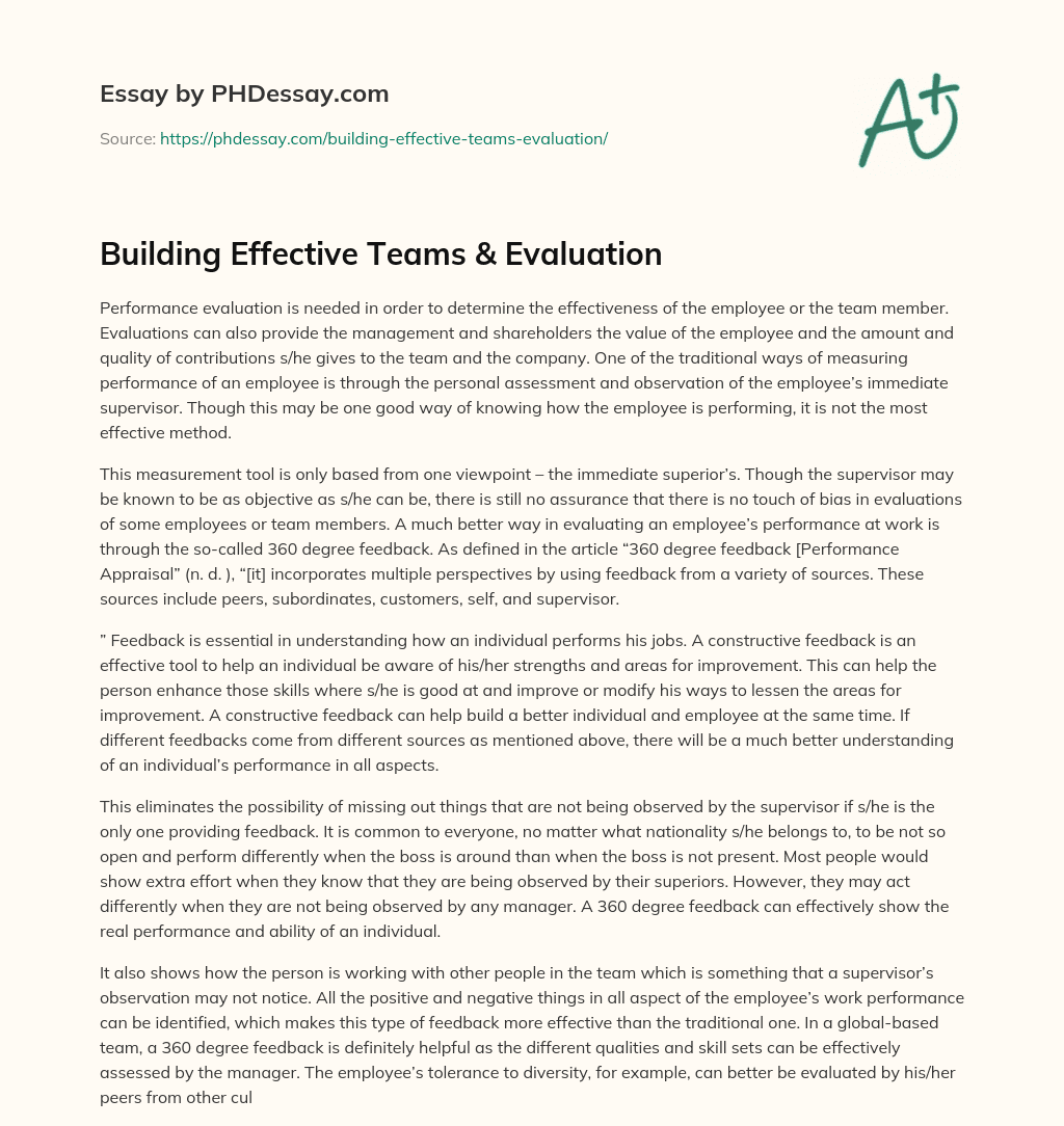 Building Effective Teams & Evaluation (600 Words) - PHDessay.com