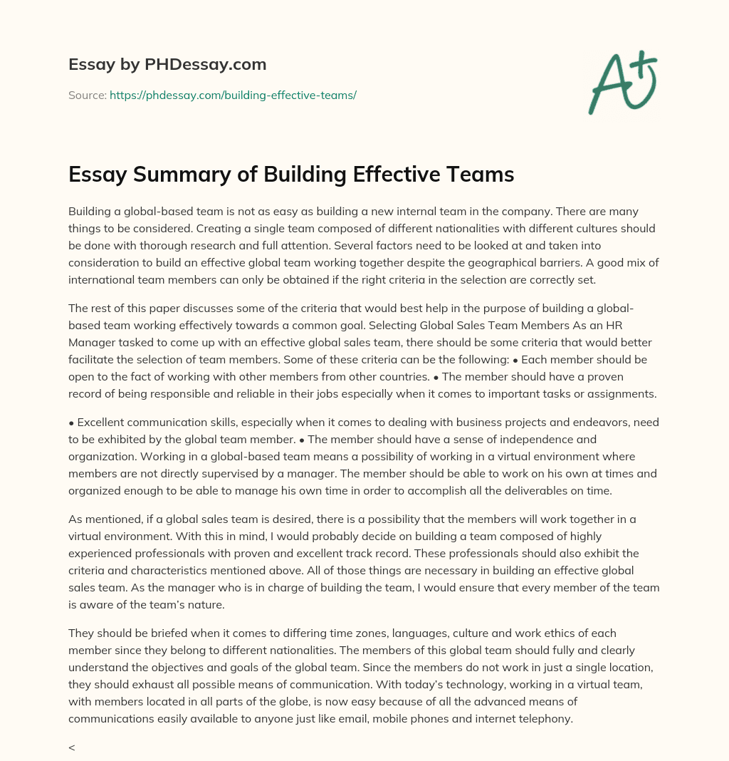 Essay Summary of Building Effective Teams - PHDessay.com
