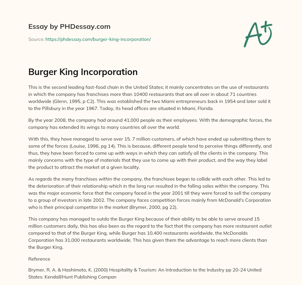 Burger King Incorporation (400 Words) - PHDessay.com
