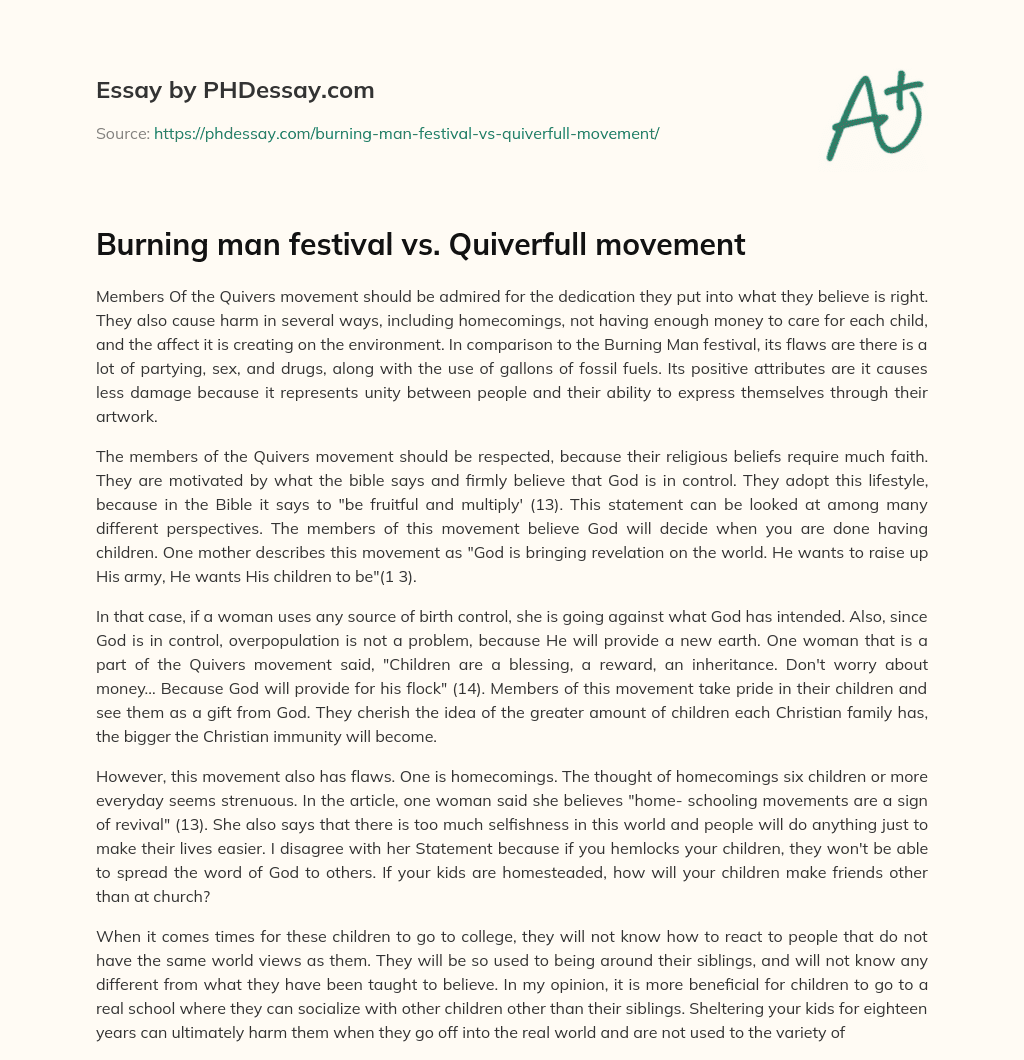 Burning man festival vs. Quiverfull movement - PHDessay.com