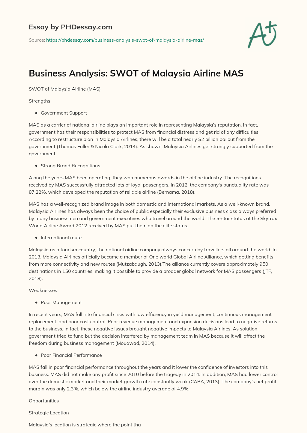 Business Analysis: SWOT of Malaysia Airline MAS - PHDessay.com