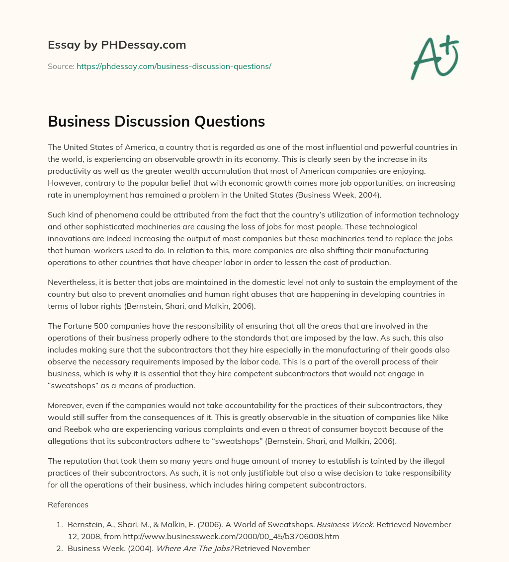 Business Discussion Questions (500 Words) - PHDessay.com