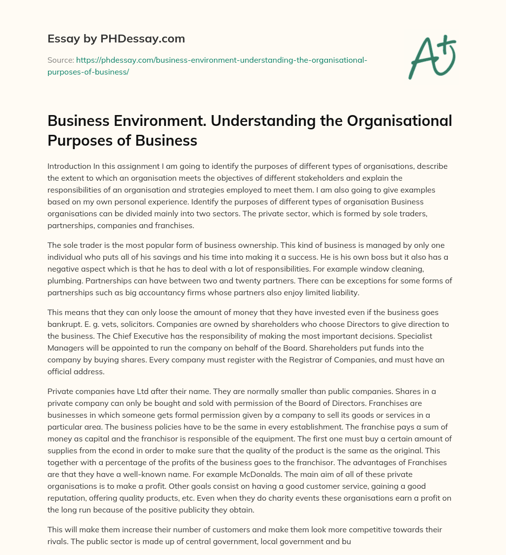 Business Environment. Understanding the Organisational Purposes of ...