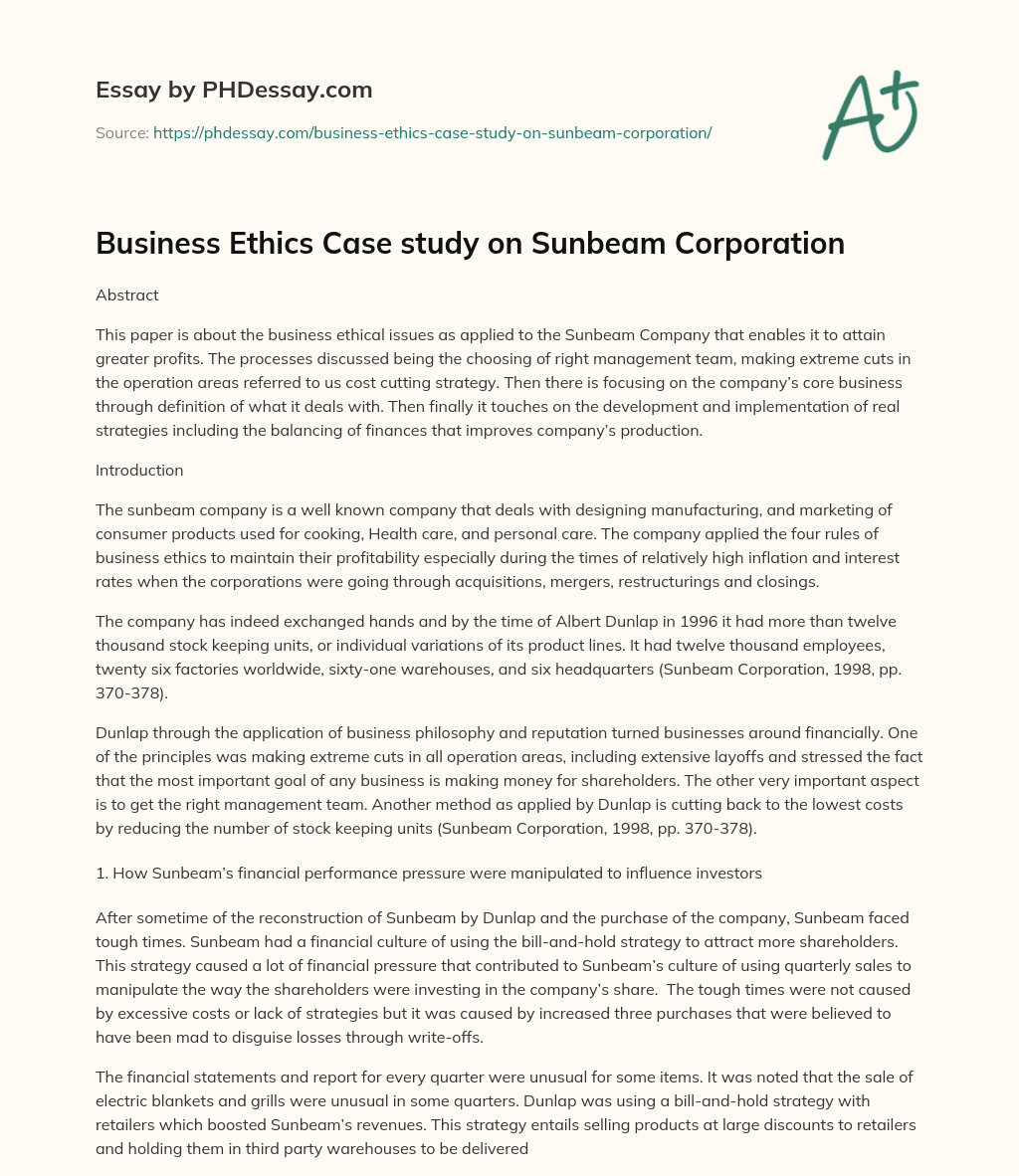 Business Ethics Case study on Sunbeam Corporation - PHDessay.com