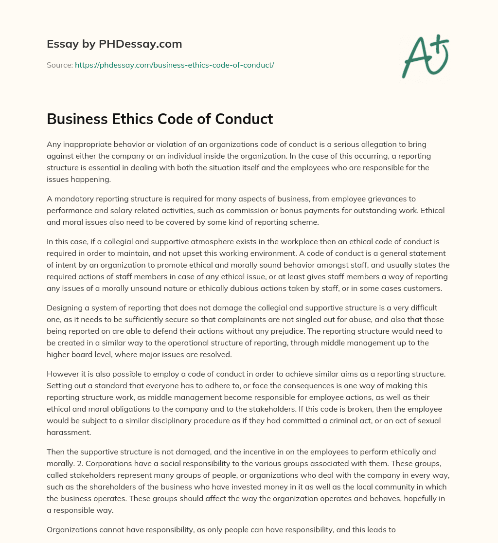 Business Ethics Code of Conduct - PHDessay.com