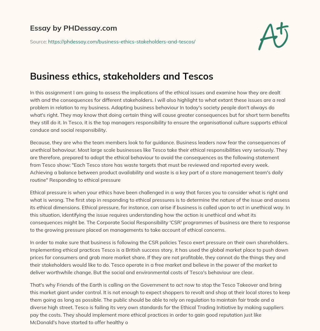 Business ethics, stakeholders and Tescos (500 Words) - PHDessay.com